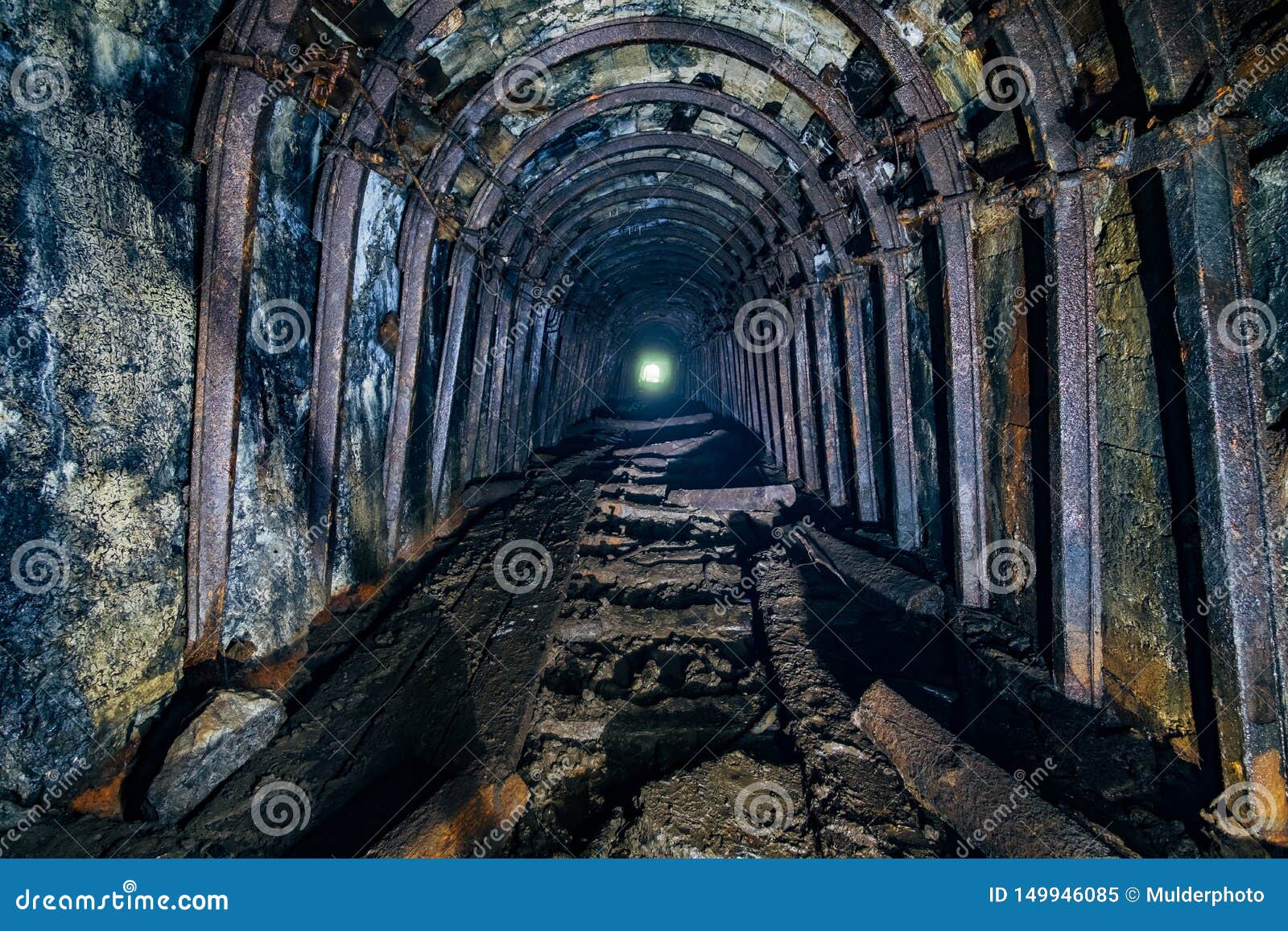 Dark Abandoned Coal Mine with Rusty Miner Stands Stock Image - Image of ...