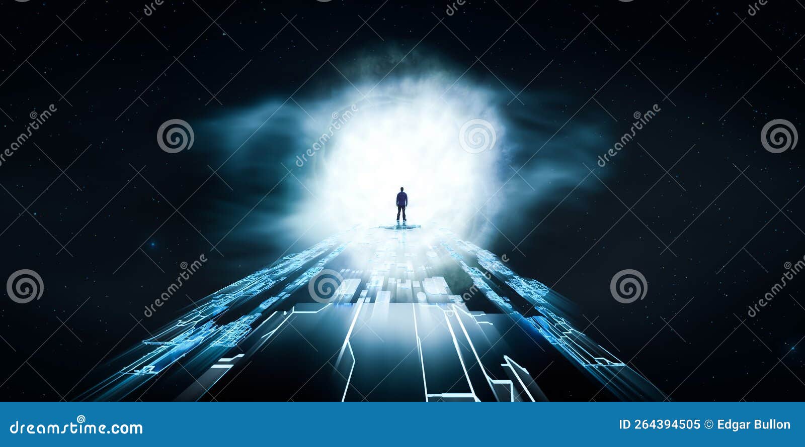 Dark Abstract Sci Fi Path with Outer Space in Background. Man Standing ...