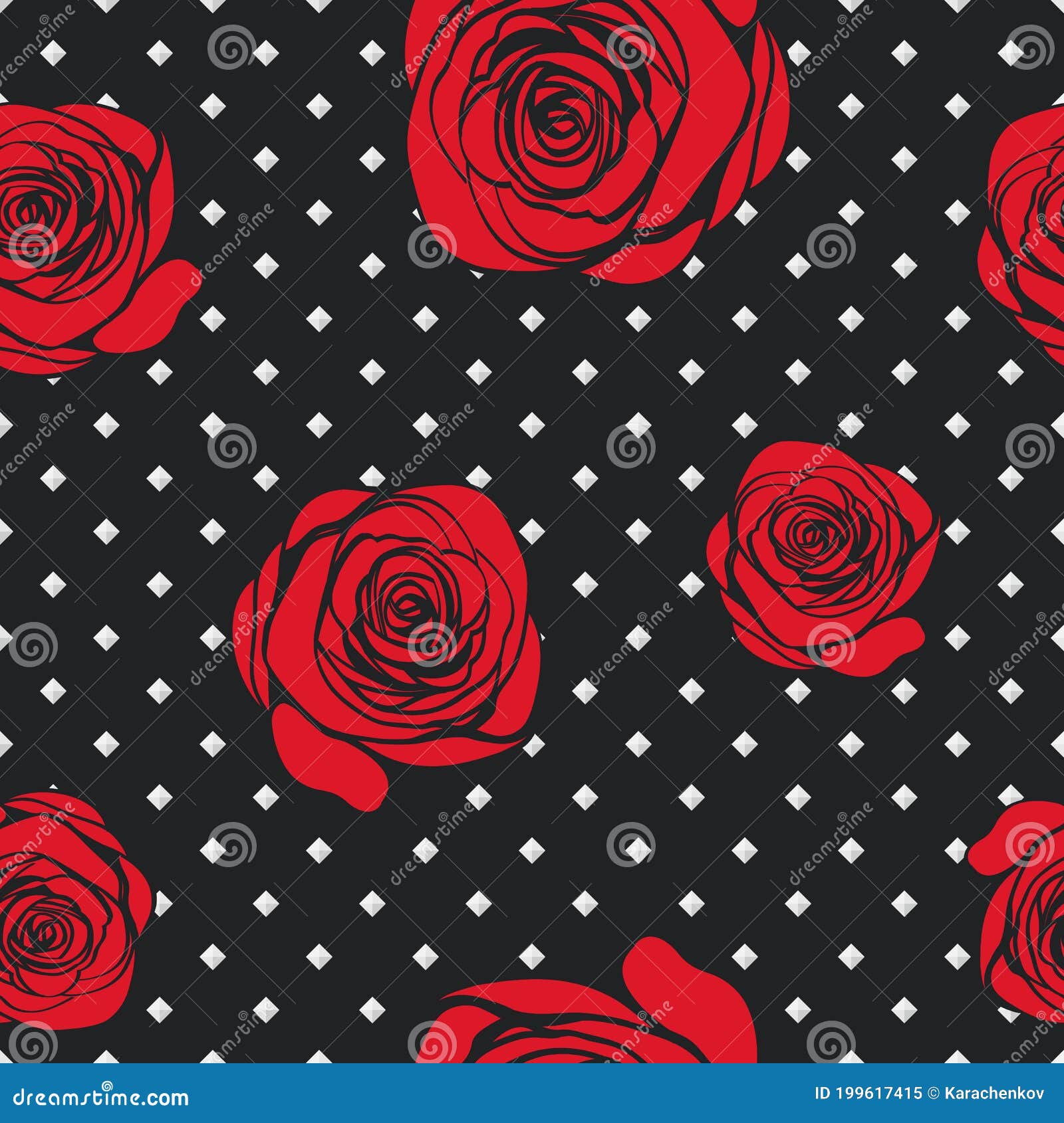 Dark Abstract Seamless Pattern with Red Roses on Geometric Black ...