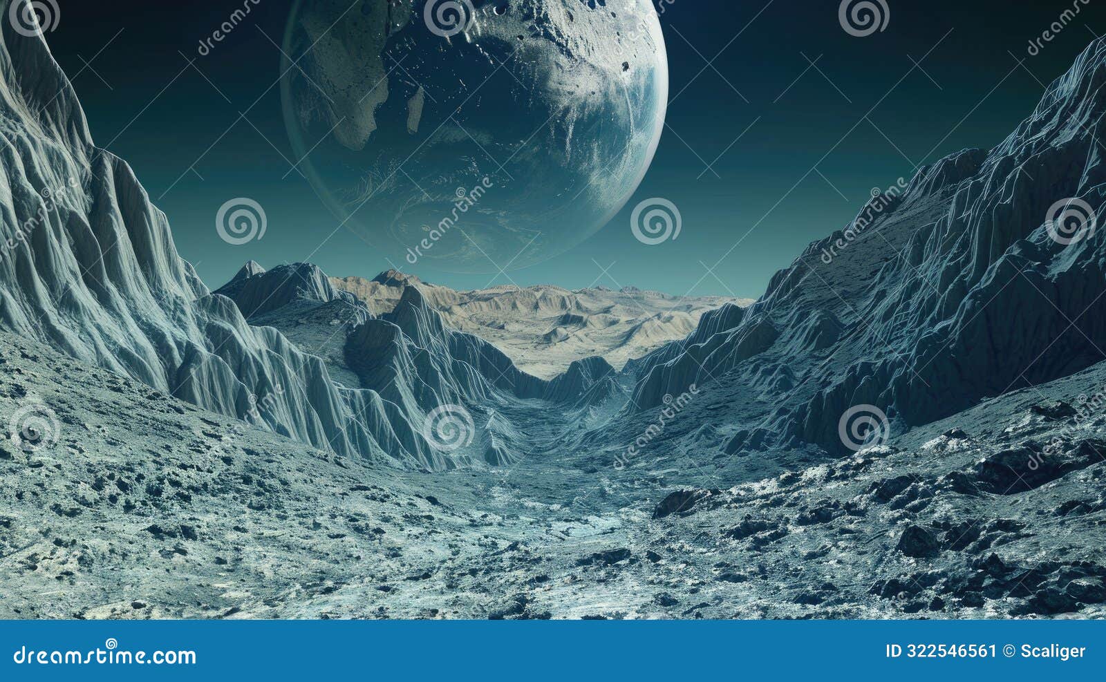 Dark Alien Planet in Deep Space, View of Deserted Surface and Moon ...