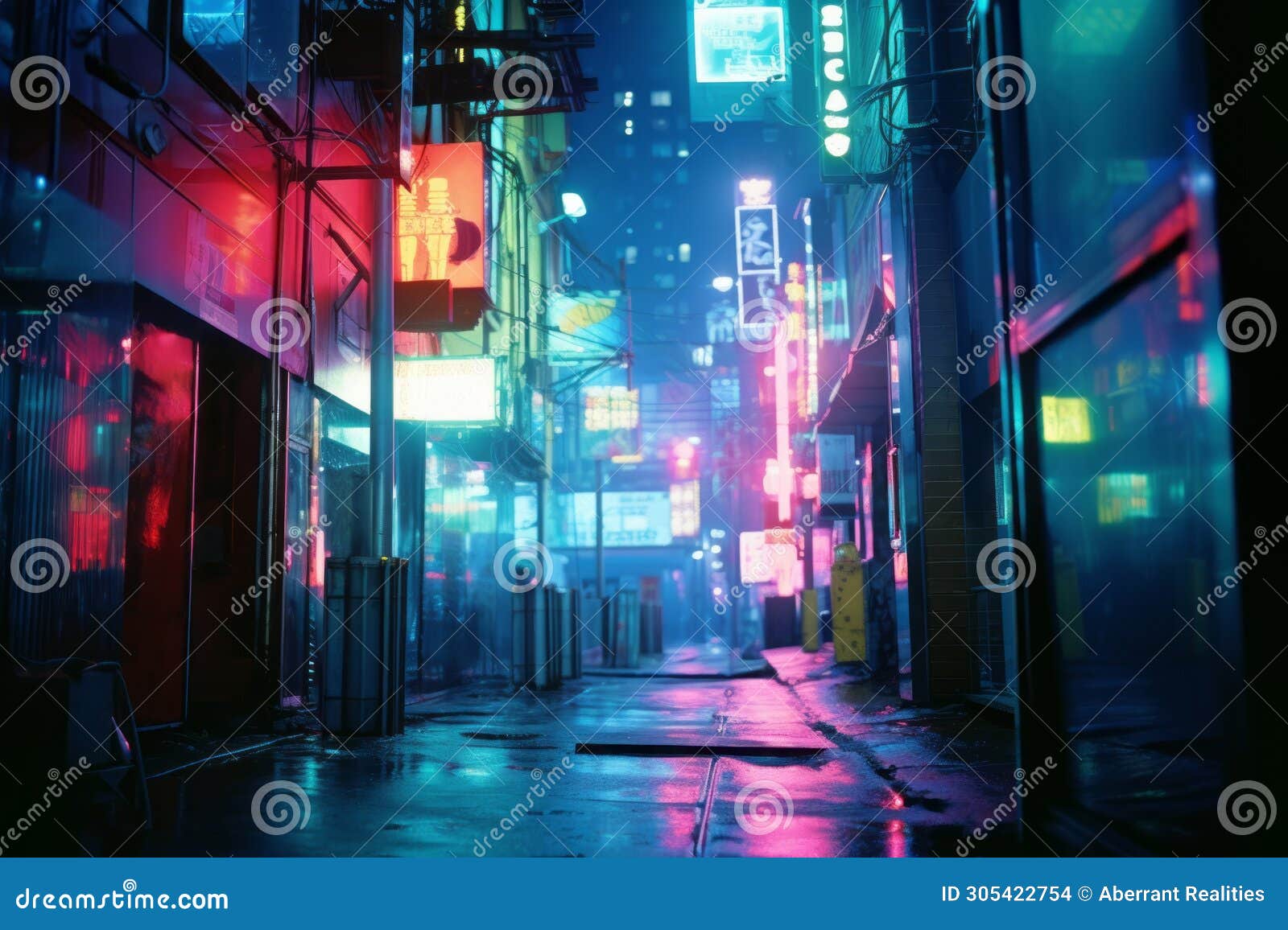 A Dark Alley with Neon Lights on it at Night Stock Illustration ...