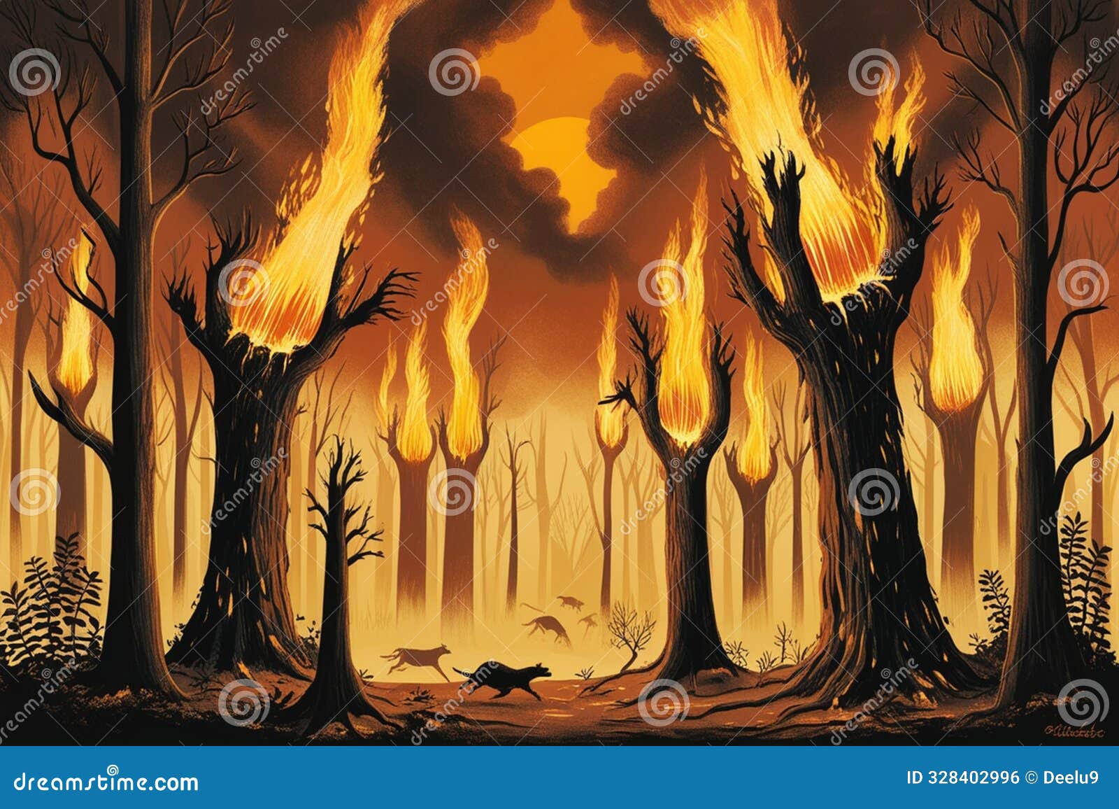 Dark and Apocalyptic Illustration of a Forest Fire with Charred Burning ...