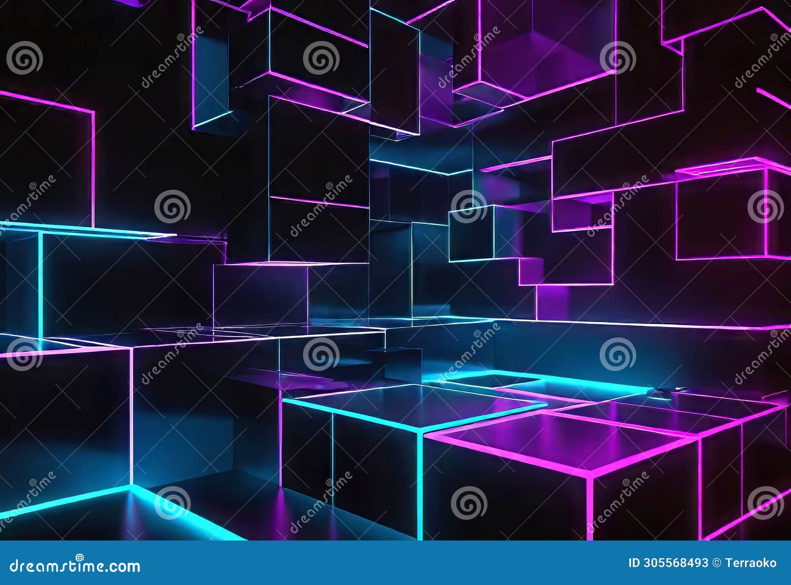 Dark Background, Abstract Geometric Blocks with Neon Light, 3D ...
