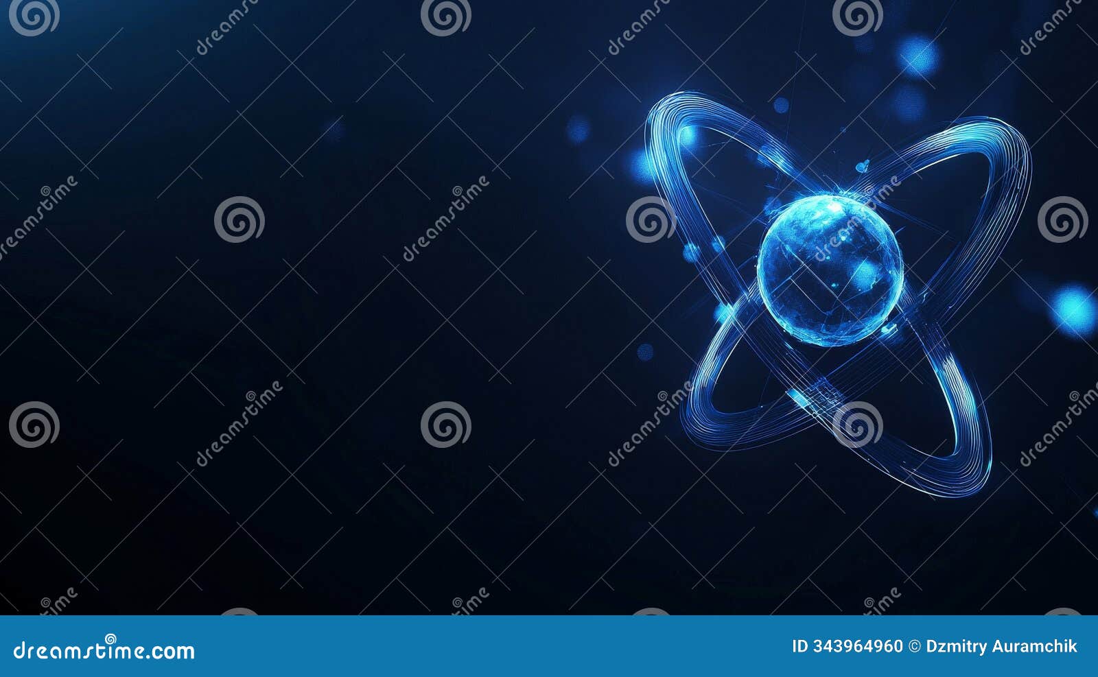 On a Dark Background, an Abstract Glowing Orange and Blue Atom Model is ...