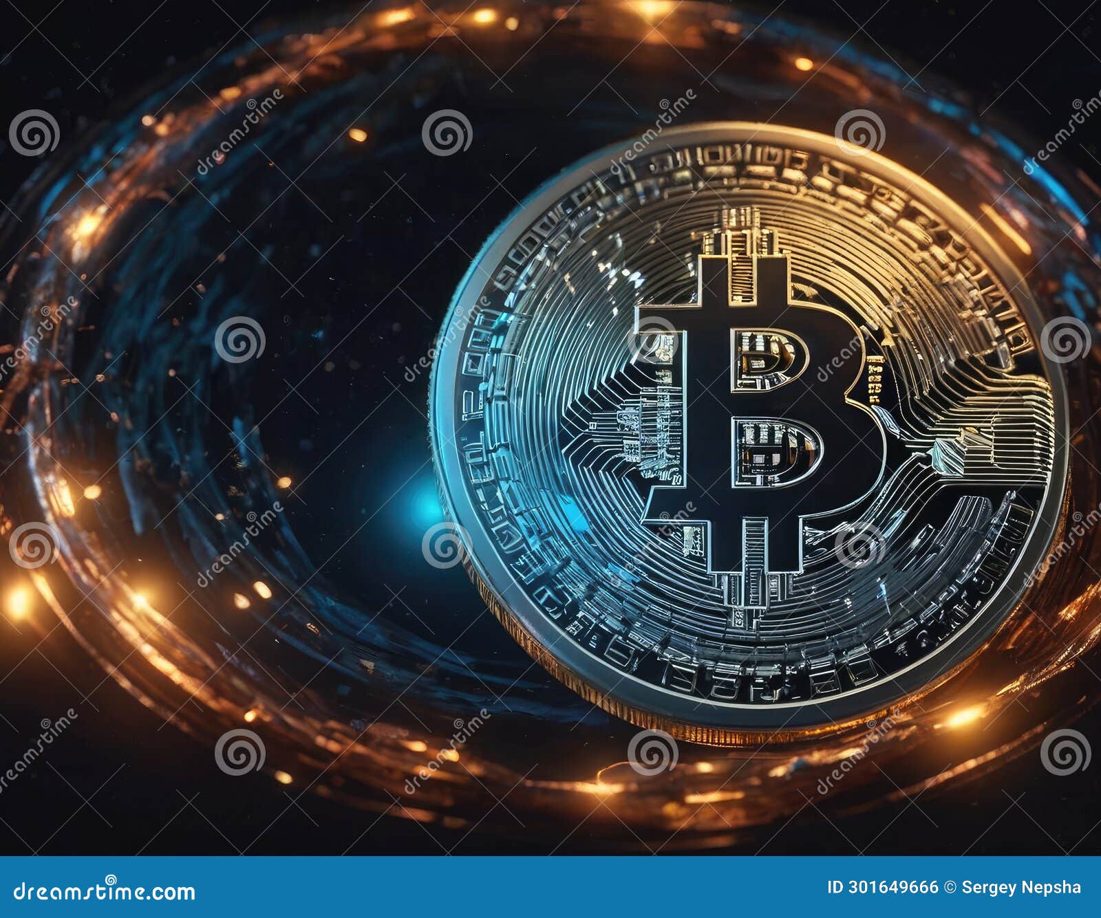 On Dark Background Bitcoin Planet Glowing Blue and Sparks Around Stock ... On Dark Background Bitcoin Planet Glowing Blue and Sparks Around Stock ...