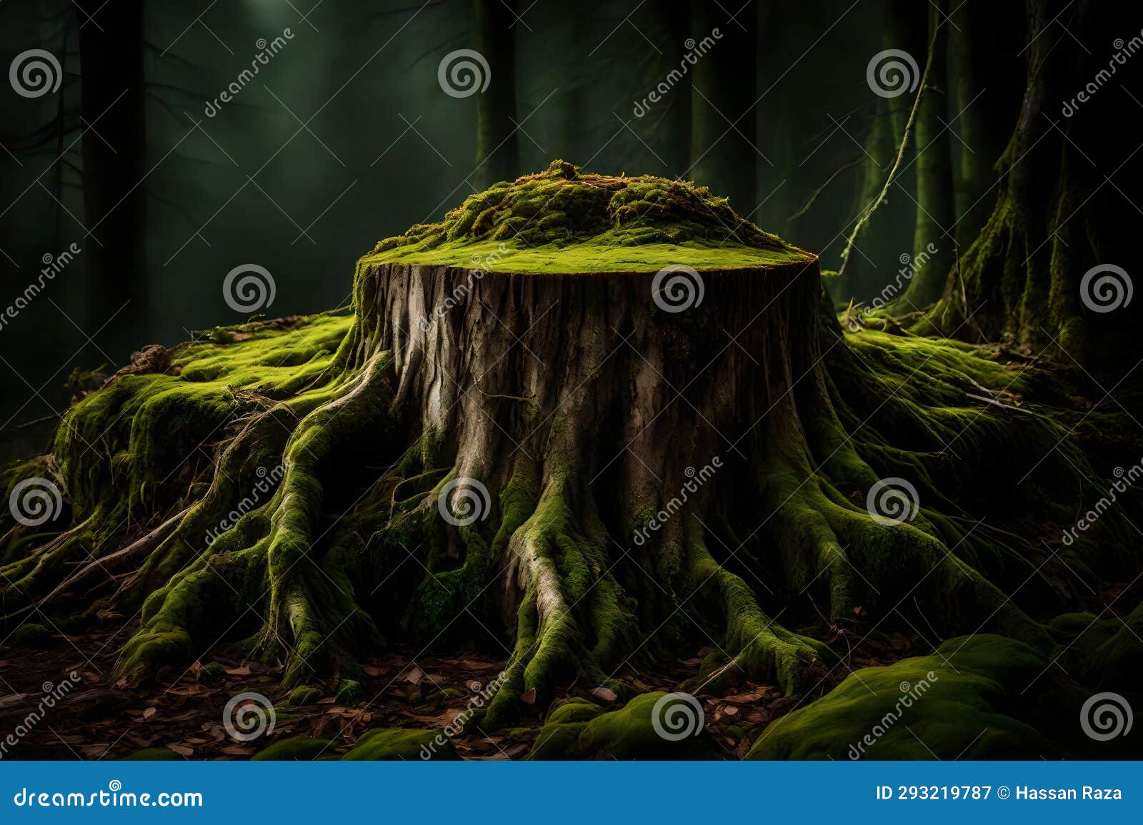 A Dark Background and a Front View of a Tree Stump Covered in Green ...