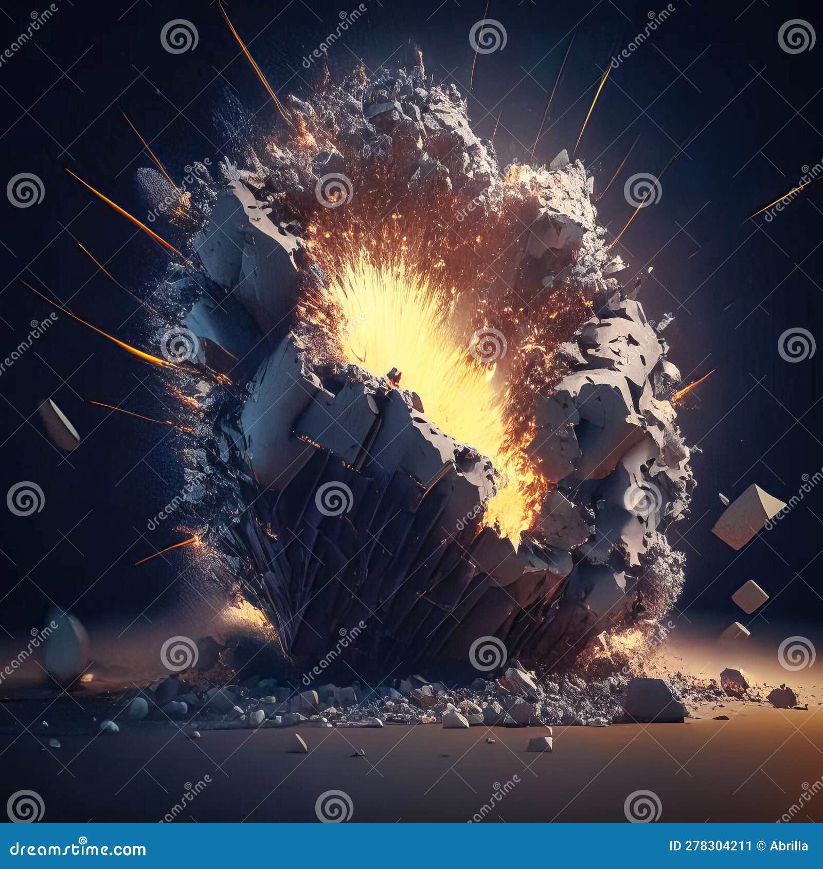 On a Dark Background, Pieces of Brown Stone Explode and Crack ...