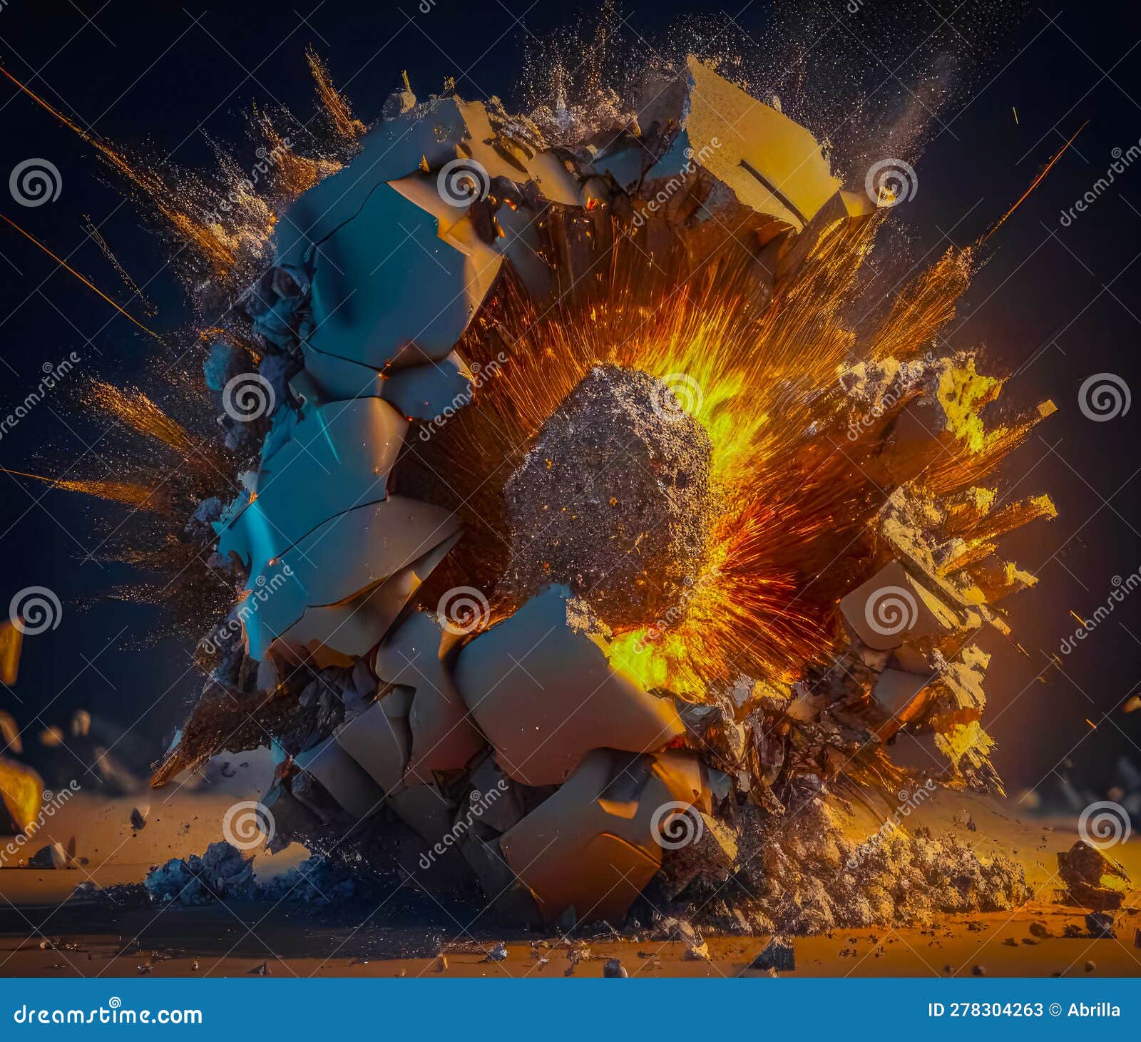 On a Dark Background, Pieces of Brown Stone Explode and Crack ...