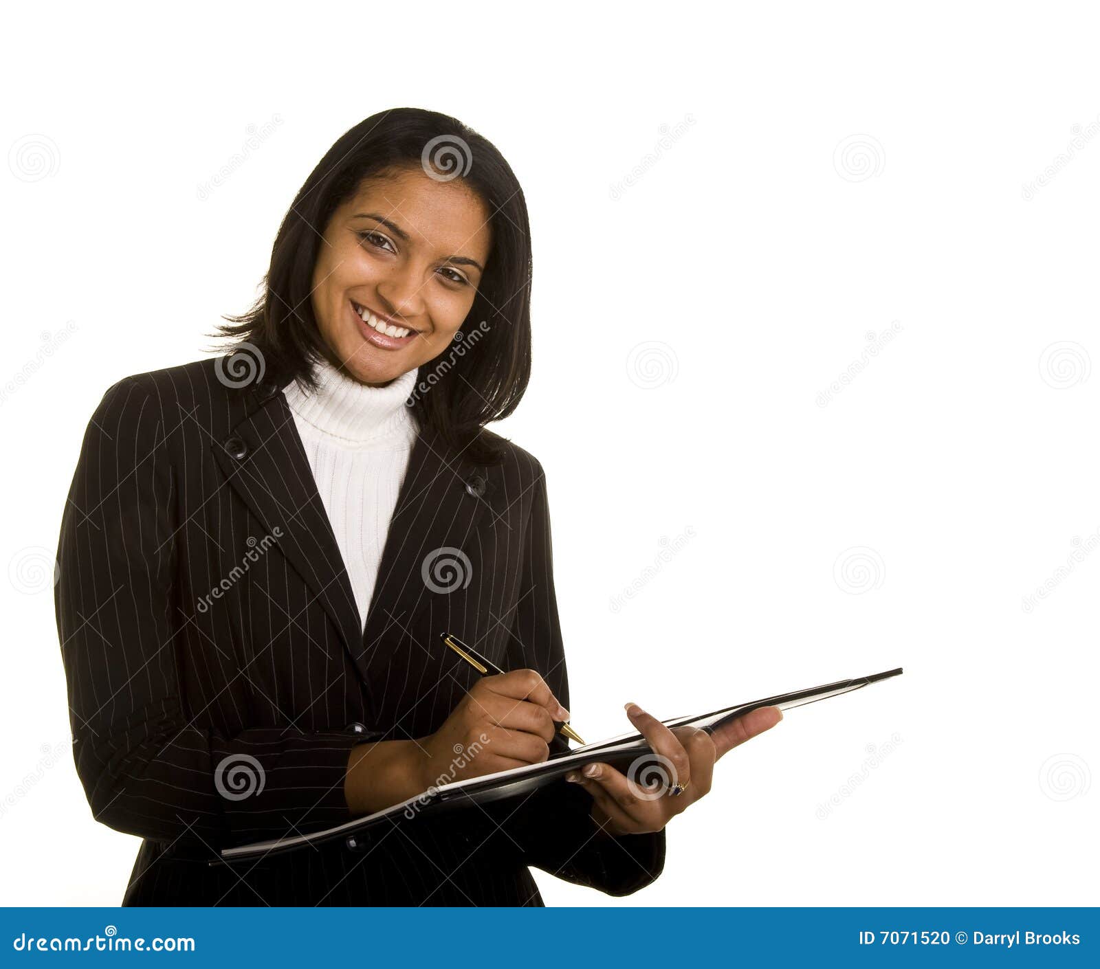 Dark Beauty Smiling Writing in Notebook Stock Photo - Image of ...