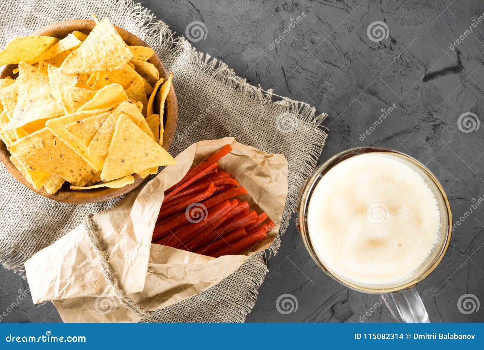 Dark Beer, Nachos and Fish Chips are on the Table. Copy Space Stock ...