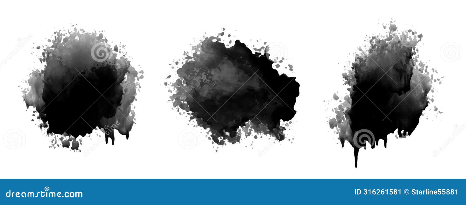 Dark Black Messy Ink Splatter Backdrop in Set of Three Stock Vector ...