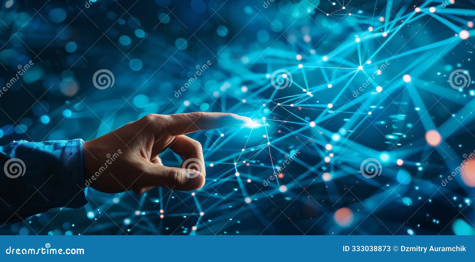 On a Dark Blue Background, a Hand Interacts with Digital Geometric ...