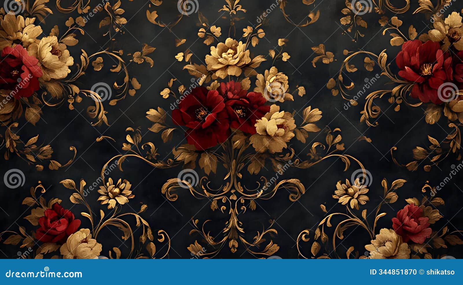A Dark Blue Background with a Repeating Pattern of Golden Floral Vines ...