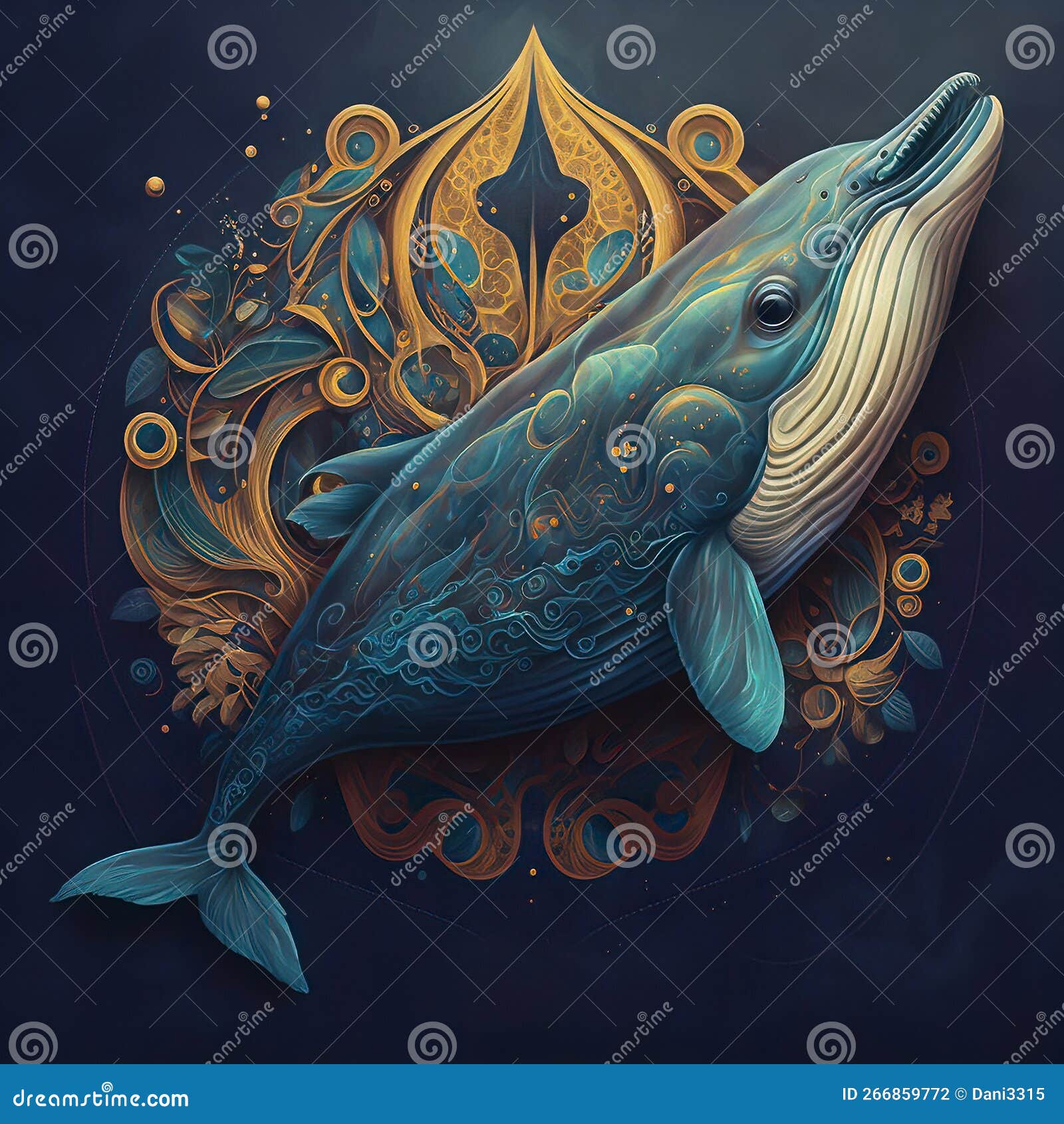 Dark Blue Background with a Whale Breaching and Ornate Decorative ...