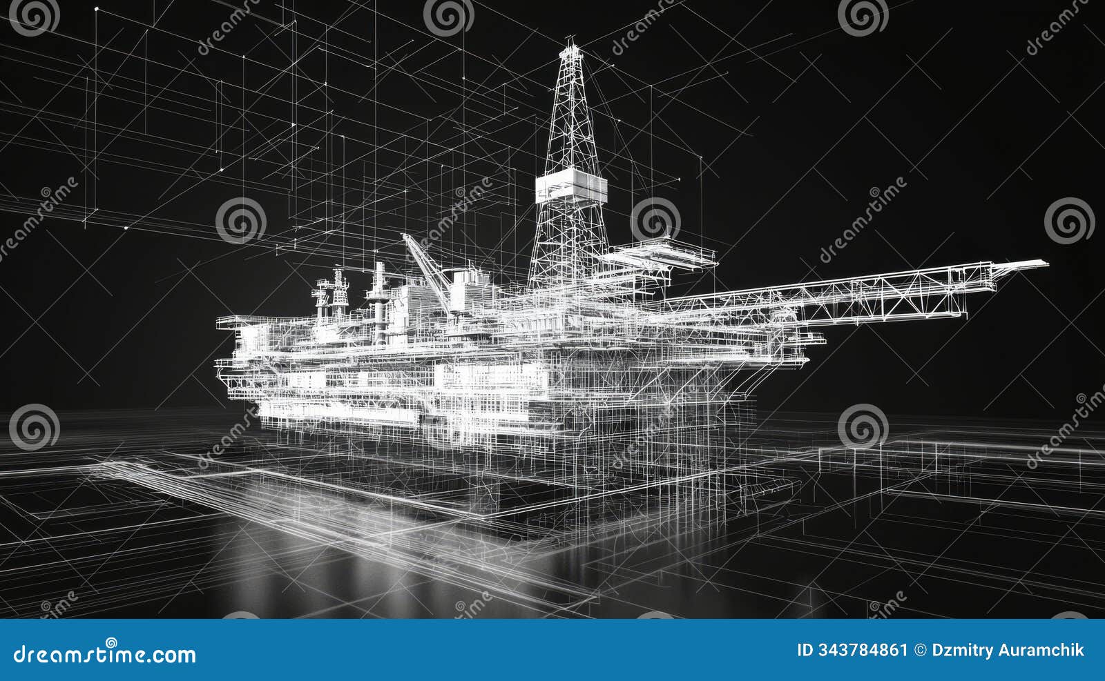 Dark Blue Background with a Wireframe Model of an Offshore Oil Rig ...