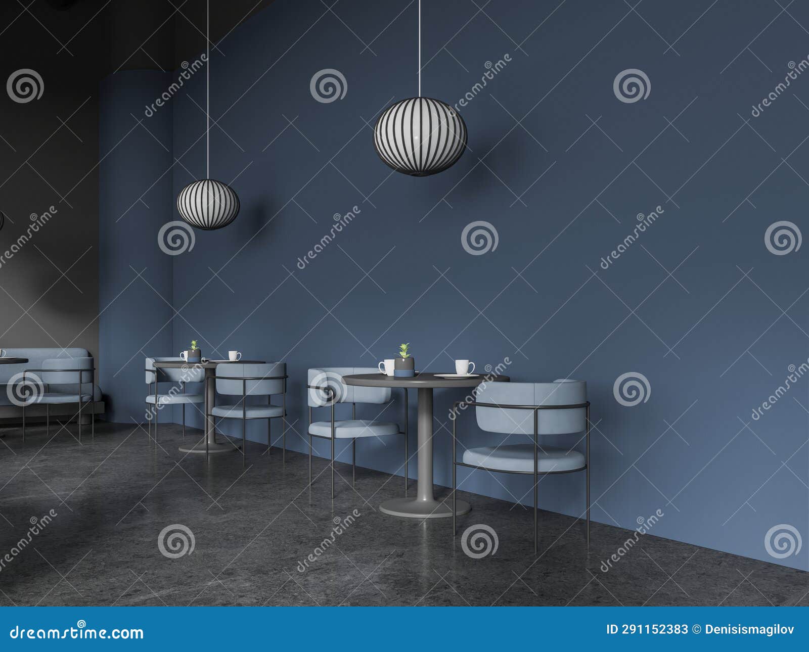 Dark Blue Cafe Interior with Chairs and Table with Dishes Stock ...