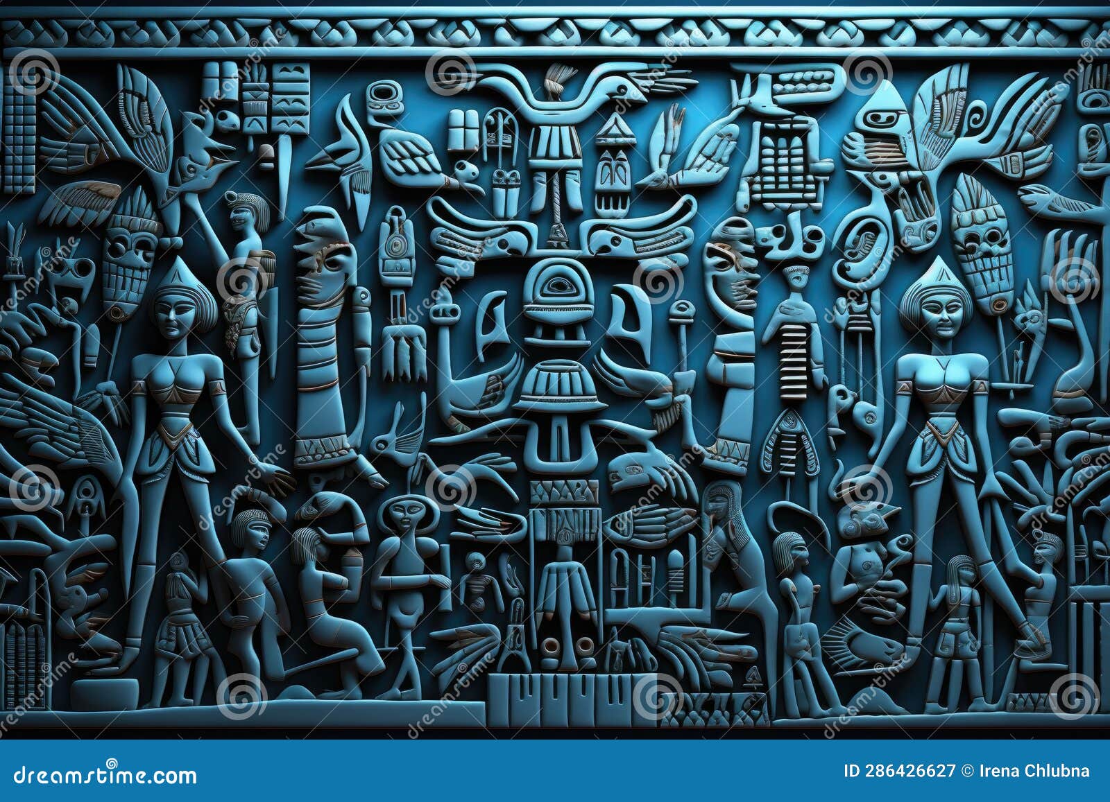 Dark Blue Colored Prehistoric Egyptian Texts, Drawings and Hieroglyphs ...
