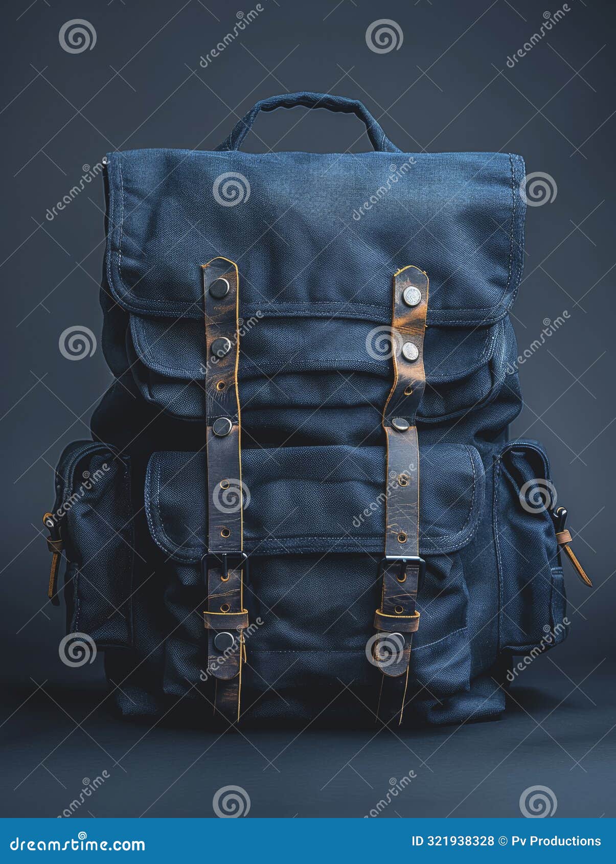 Dark Blue Denim Backpack on a Blue Background Isolated. Stock Photo ...