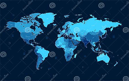 Dark Blue Detailed World Map Stock Vector - Illustration of topography ...
