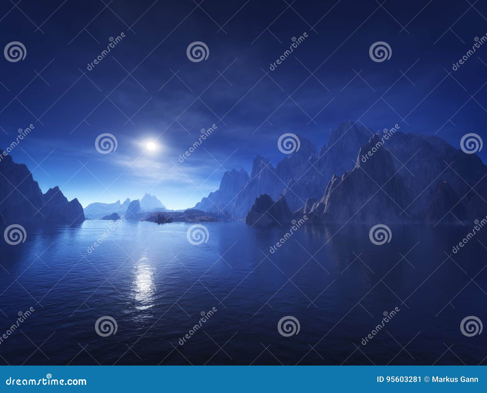 Dark Blue Fantasy Landscape Stock Illustration - Illustration of ...