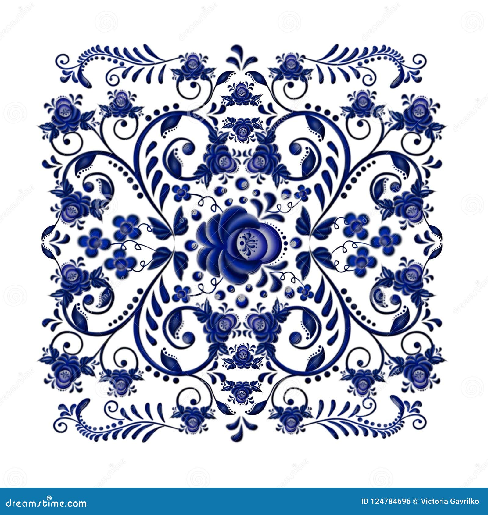 Dark Blue Floral Ornament in National Russian Style Gzhel on White ...