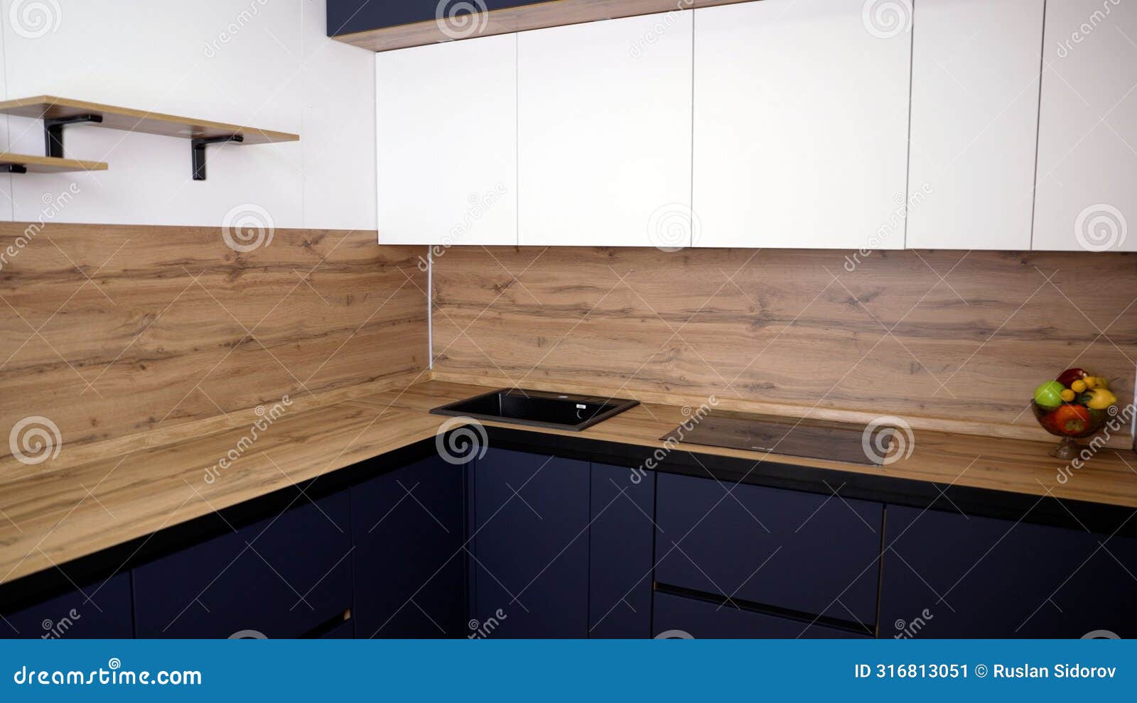 Dark Blue Kitchen Interior with Kitchen Shelves, Utensils. Modern Dark ...
