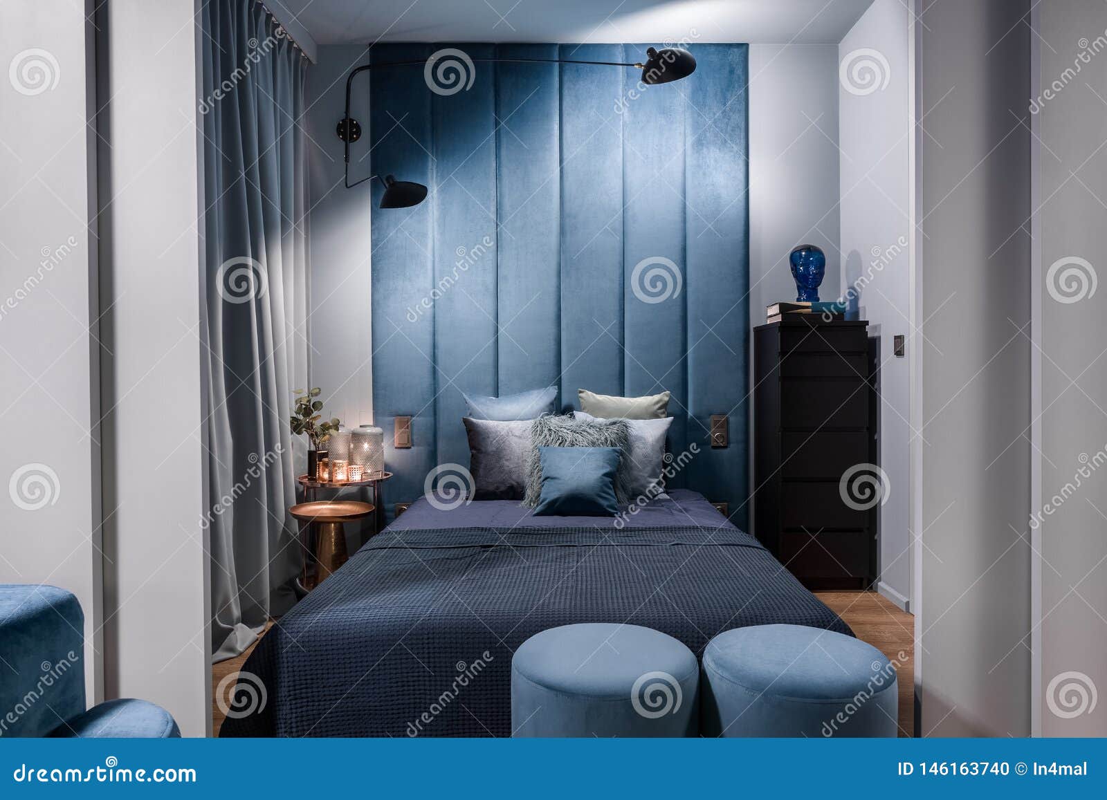Dark Blue and Luxury Bedroom Stock Photo - Image of comfort ...
