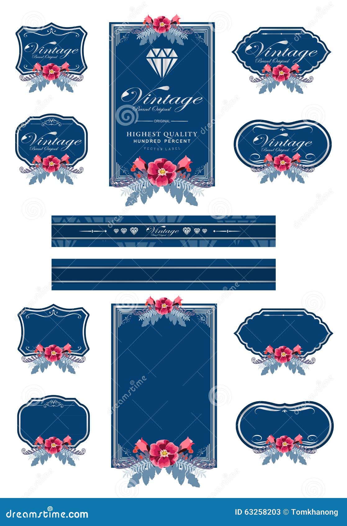 Dark Blue Luxury Invitation Flower Labels and Blank Labels. Stock ...