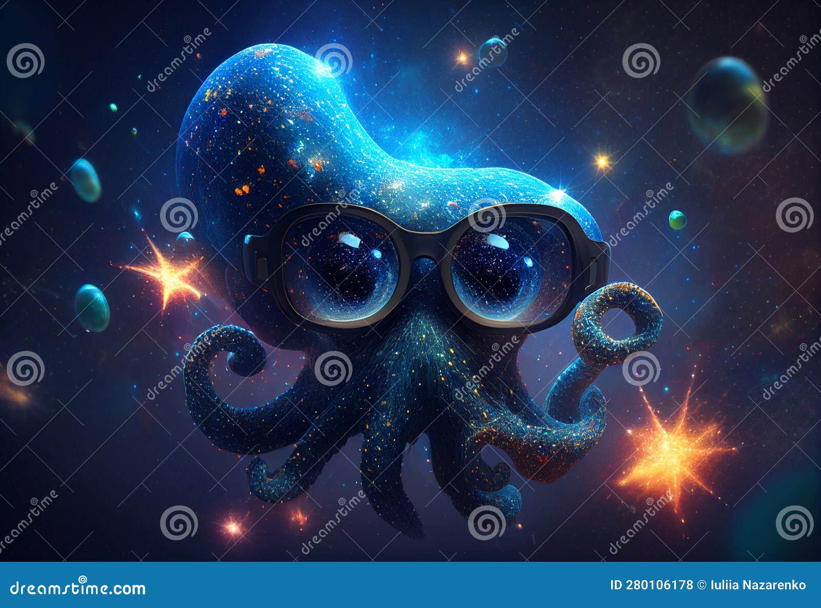 Dark Blue Octopus in Neon Glasses Floating in Space. AI Generated Stock ...