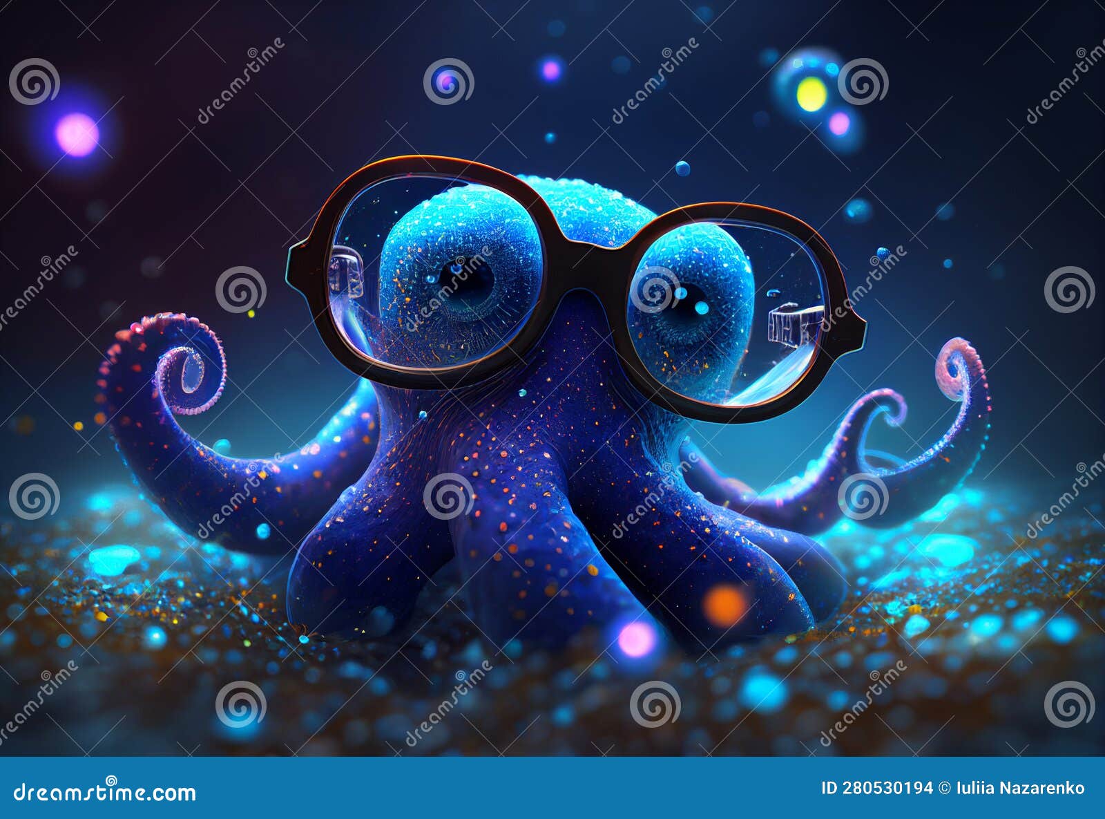 Dark Blue Octopus in Neon Glasses Floating in Space. AI Generated Stock ...