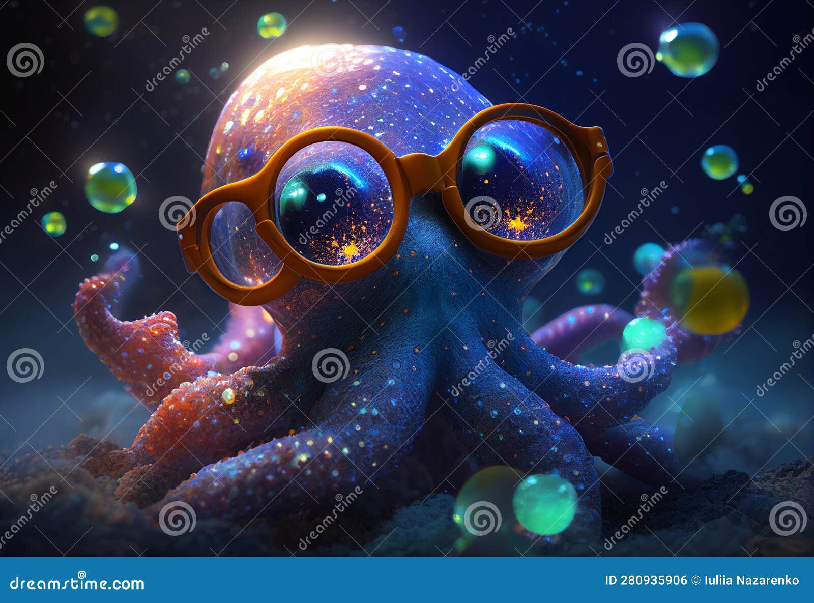 Dark Blue Octopus in Neon Glasses Floating in Space. AI Generated Stock ...