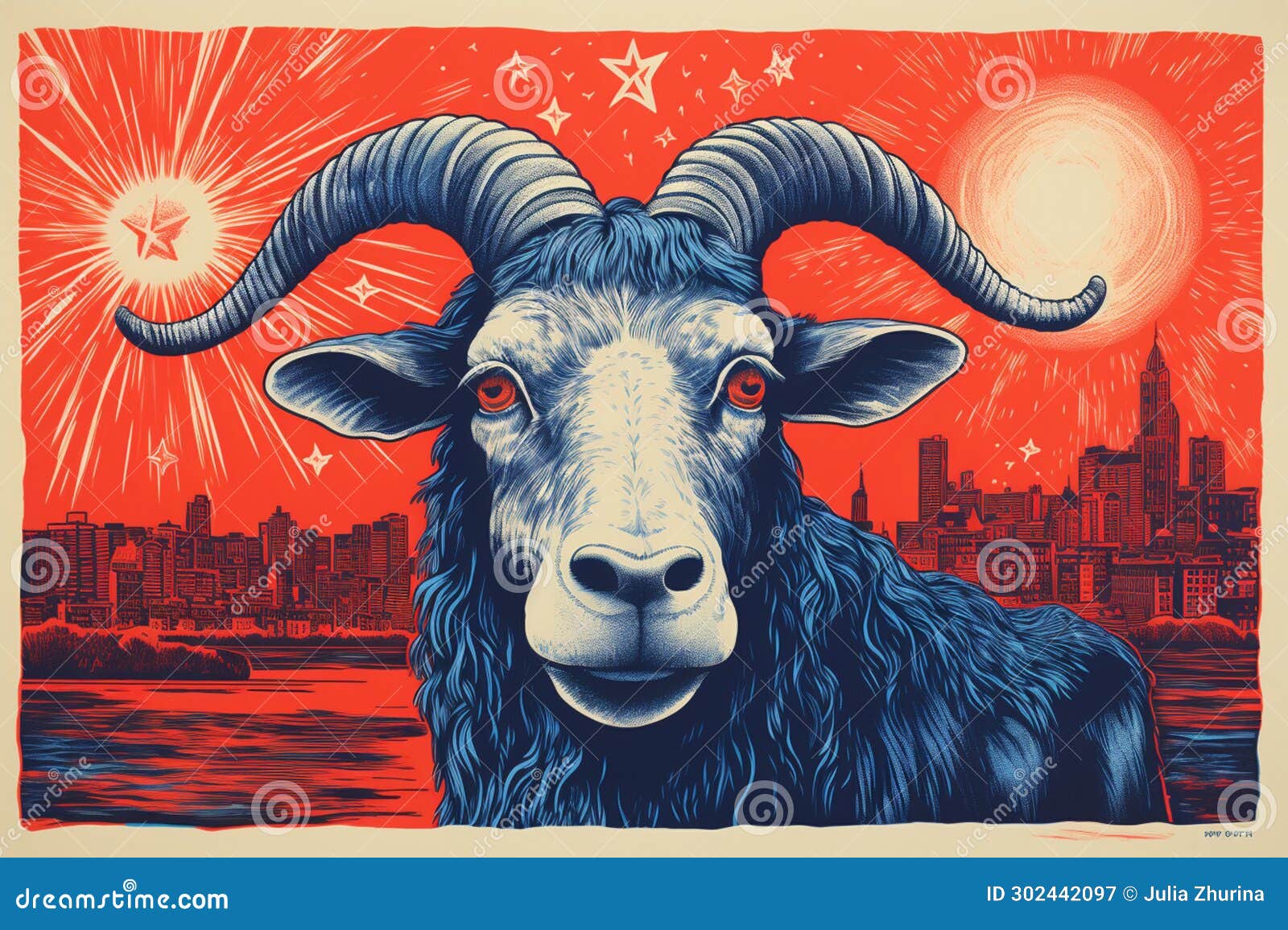 Dark Blue Ram with Red Eyes on City Background with Sun and Moon in ...