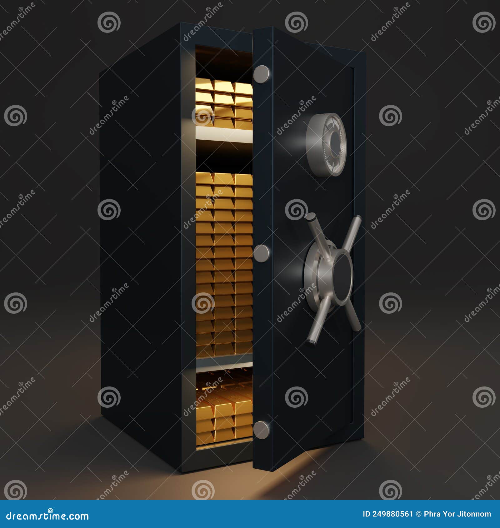 Dark Blue Safe Box Font View with Gold Bar Inside on Dark Background ...
