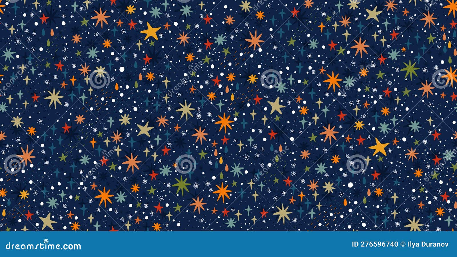 Dark Blue Seamless Pattern with Colorful Stars. Night Sky Hand Drawn ...