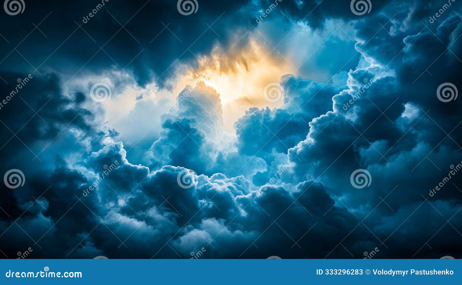 A Dark Blue Sky with a Bright Light Shining through the Clouds Stock ...