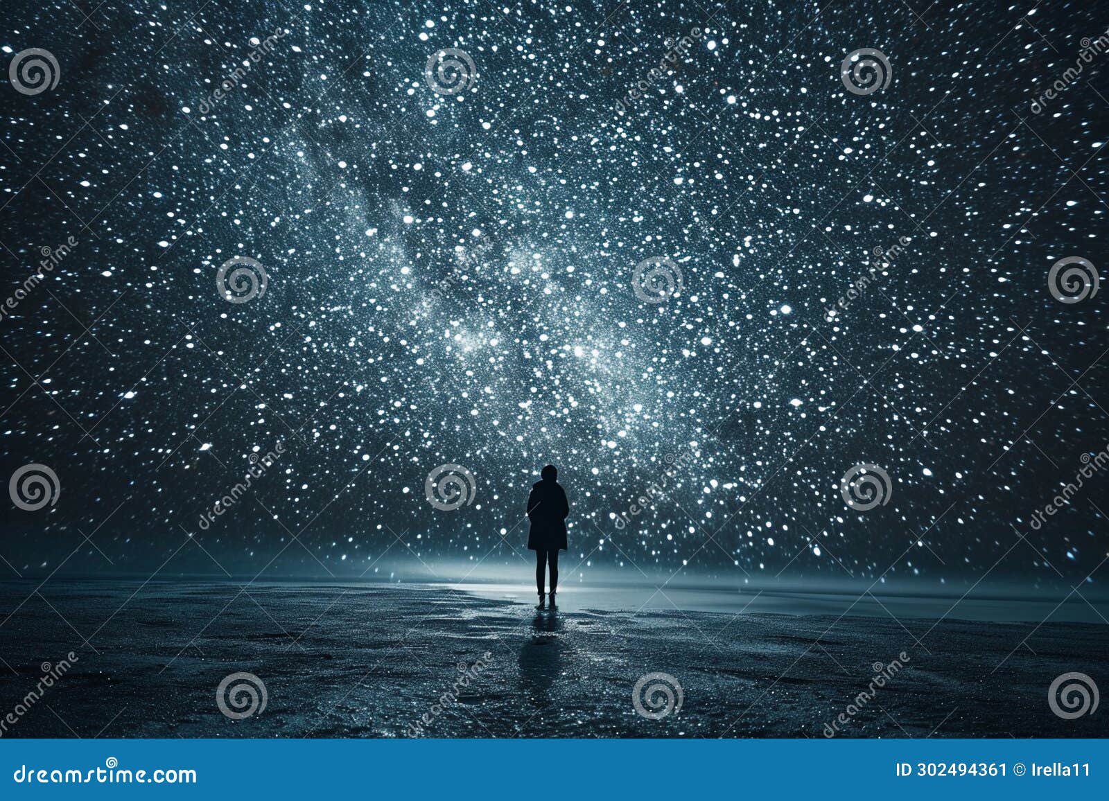 Dark Blue Space Scape. Small Silhouette of a Human on the Galaxy ...