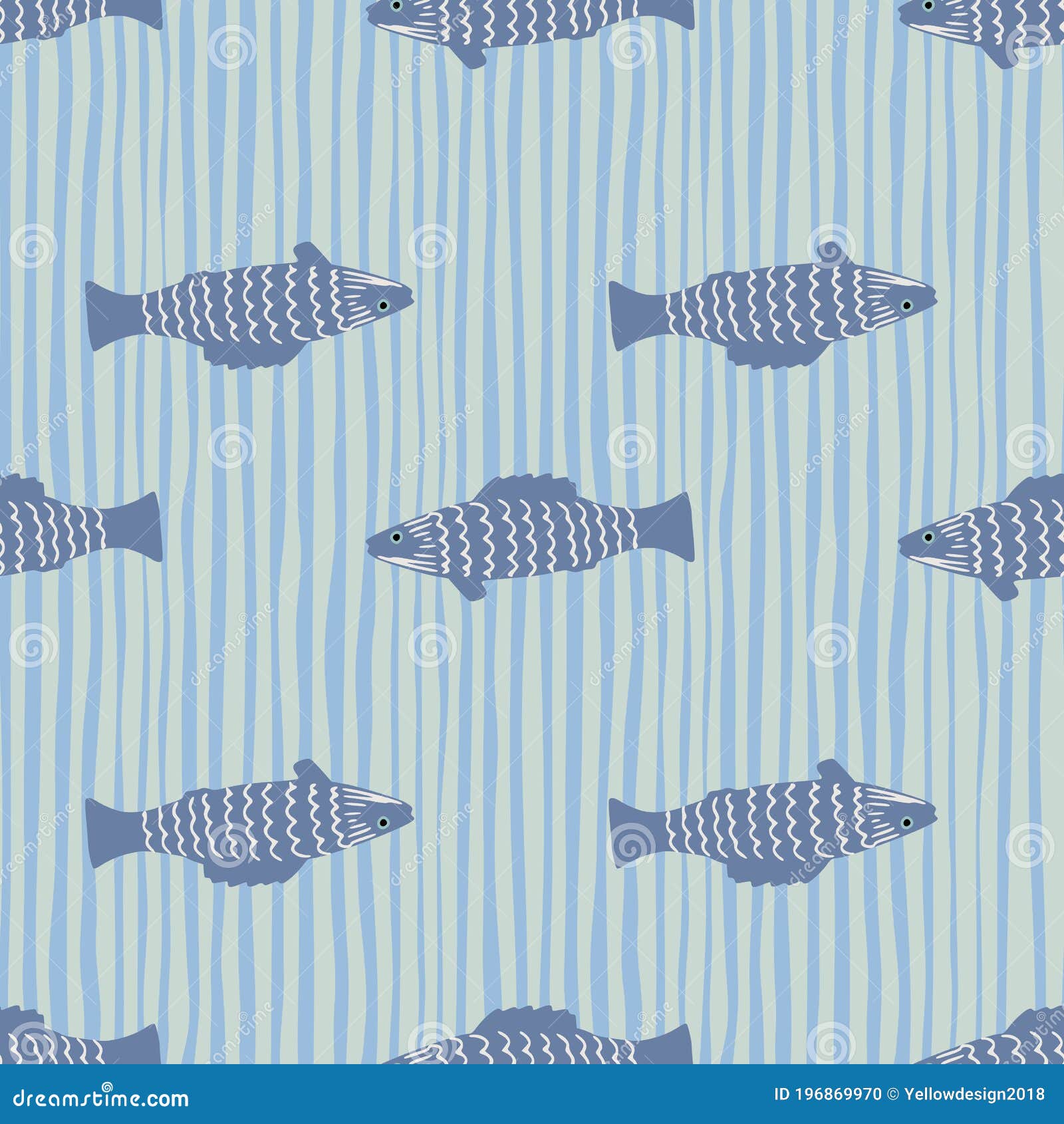 Dark Blue Stylized Fish Elements Seamless Pattern. Doodle Aquatic ...