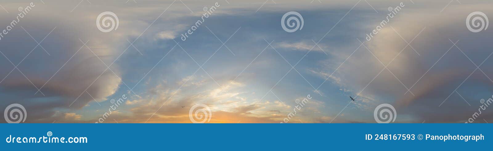Panorama of a Dark Blue Sunset Sky with Golden Cumulus Clouds. Seamless ...
