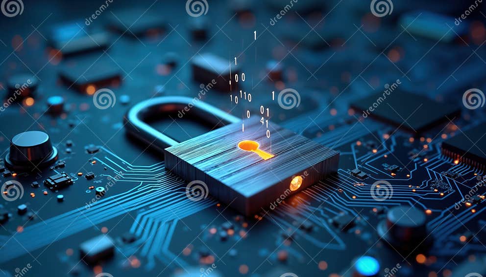 Dark Blue Tech Background Shows Metal Digital Padlock. Binary Code ...