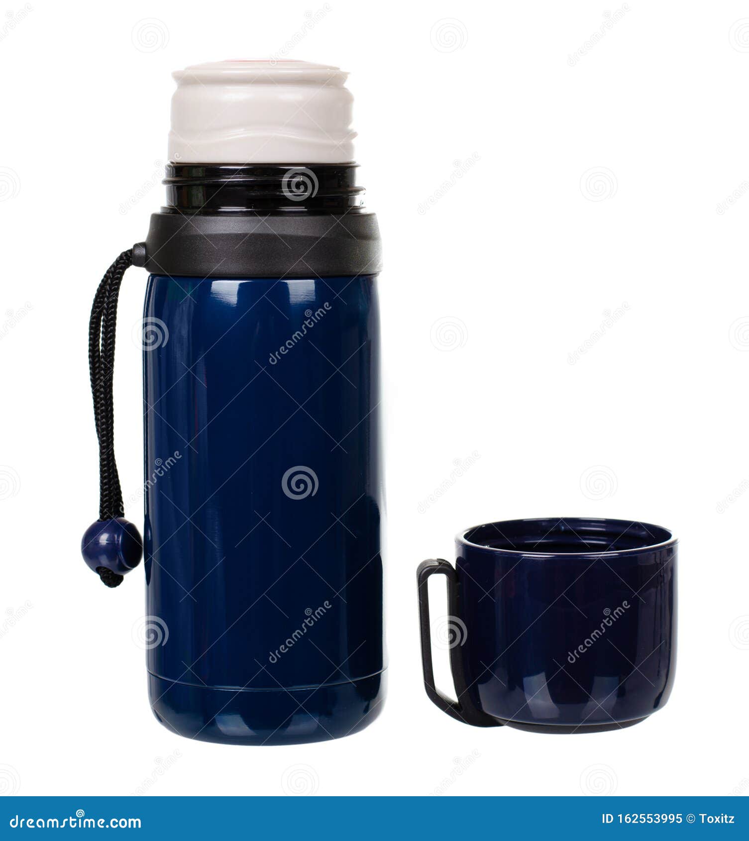Dark Blue Thermos with Mug. Isolated on White Stock Image - Image of ...