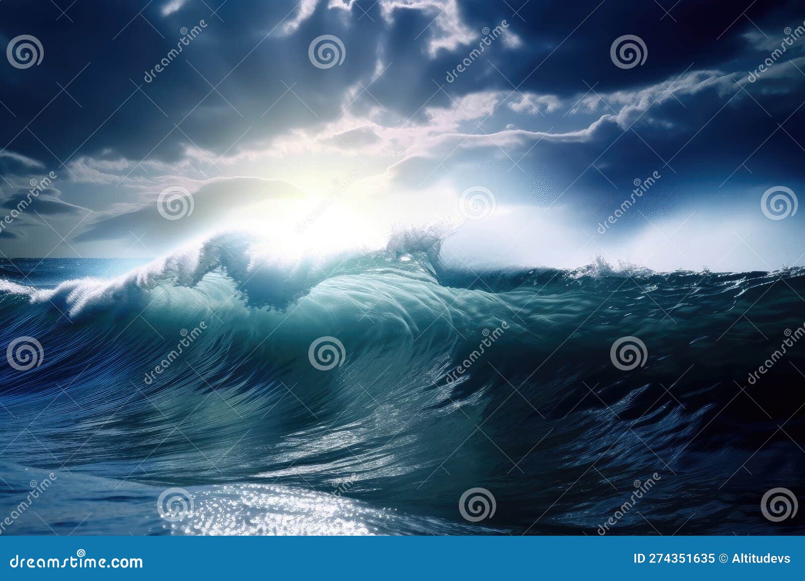 Dark Blue Wave, with Sun and Clouds in the Background Stock ...