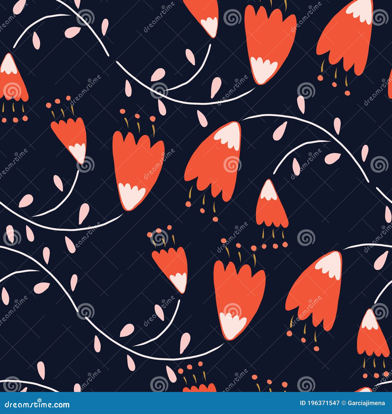 Dark Blue with Whimsical Red Flowers Seamless Pattern Background Design ...