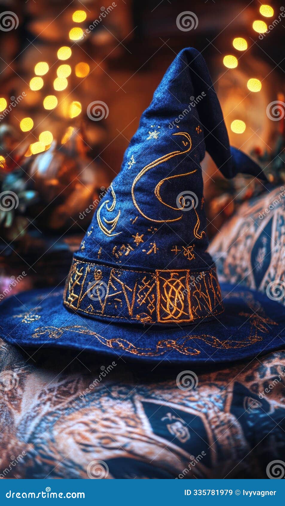 A Dark Blue Wizard Hat, Embroidered with Golden Runes Stock Image ...