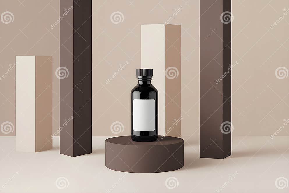 Dark Bottle on Platform, Abstract Beige Columns Adding Modern Warmth ...