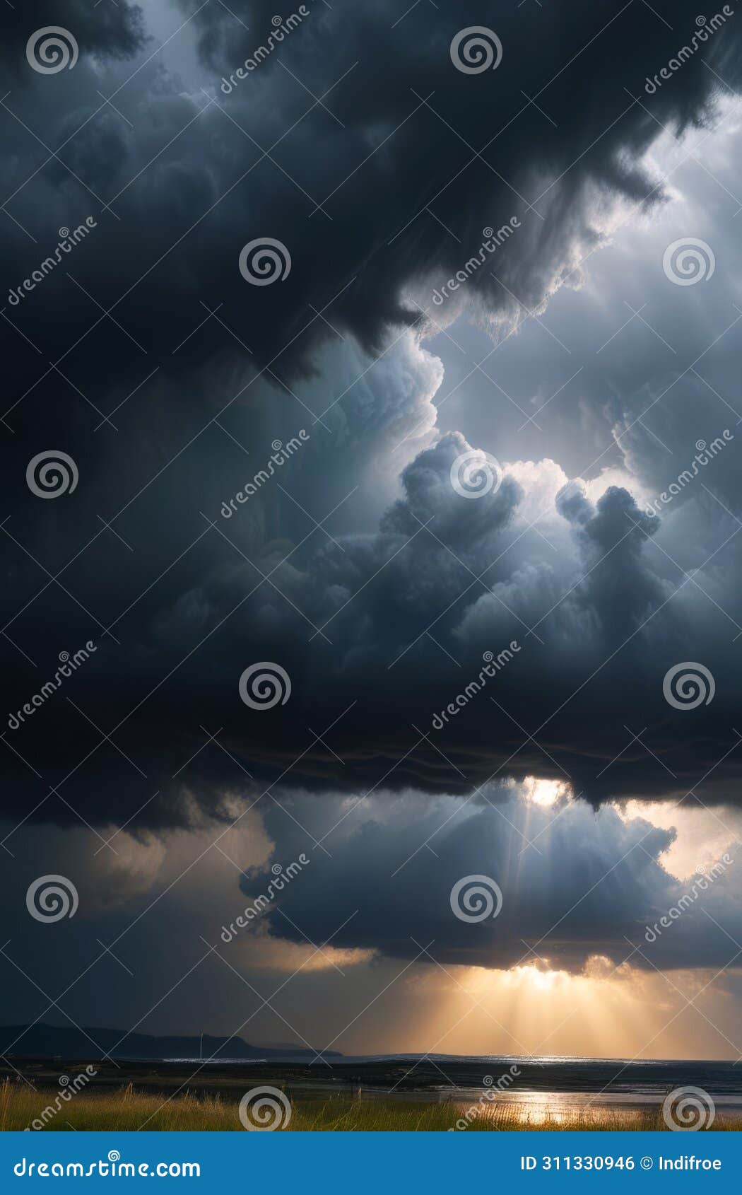 Dark, Brooding Storm Clouds Dramatically Intersect with Brilliant Rays of Sunlight Over Serene ...