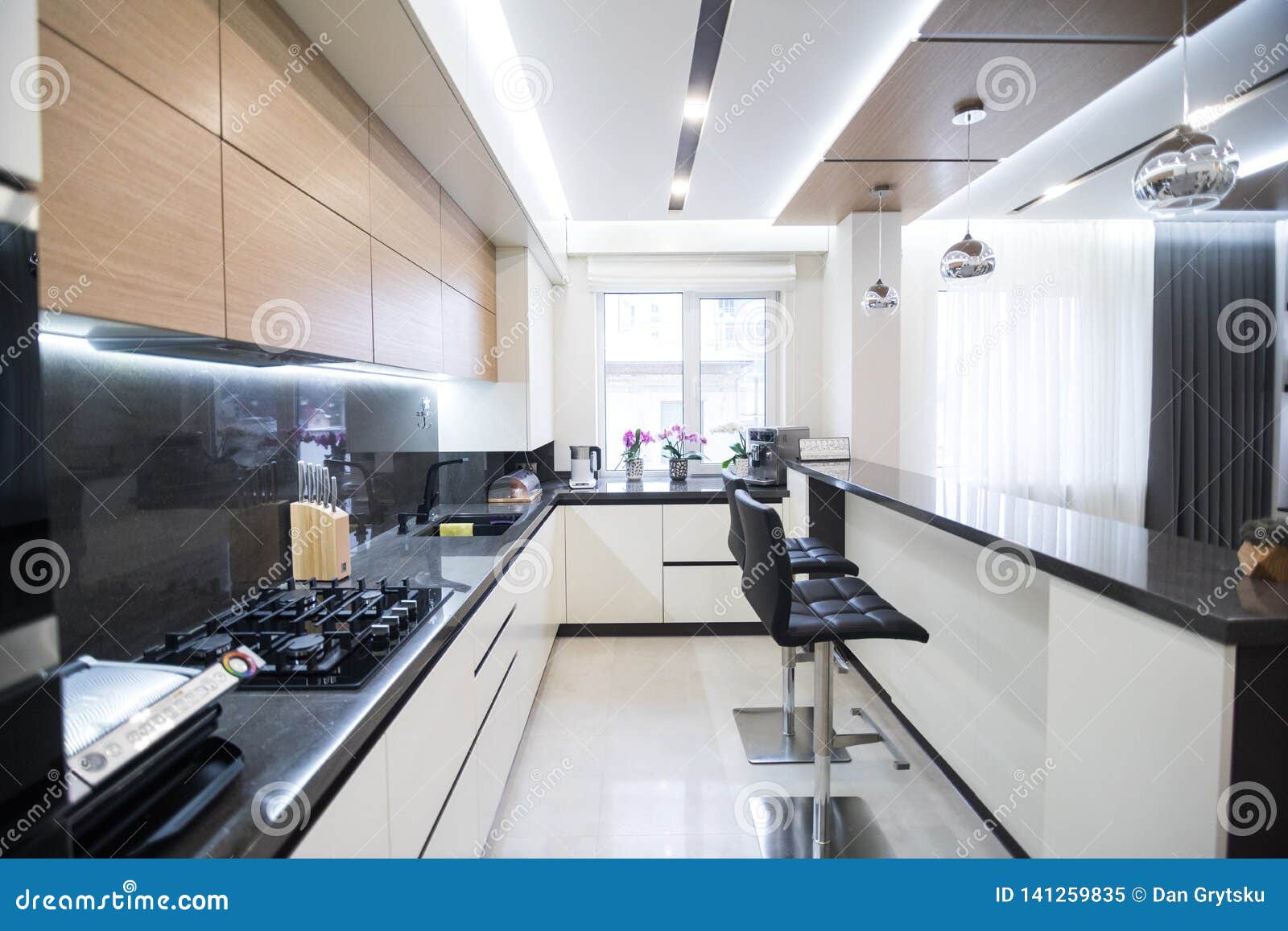 Dark Brown Modern Kitchen Interior in Luxury Home Stock Image - Image ...