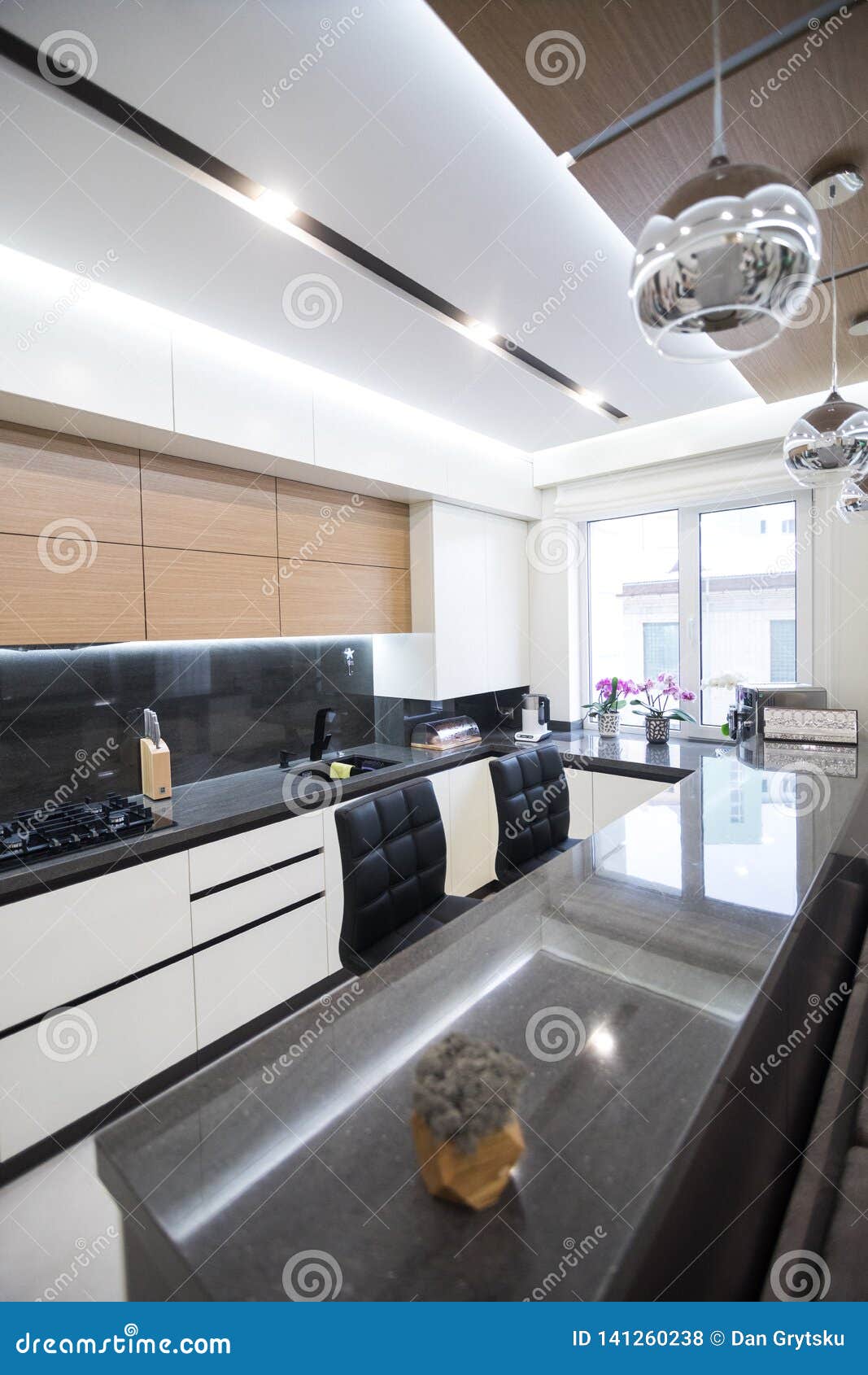 Dark Brown Modern Kitchen Interior in Luxury Home Stock Photo - Image ...