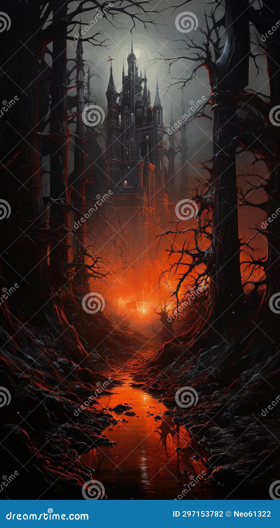 A Dark Castle at Night Full of Dead Trees and Scary Generative AI Stock ...