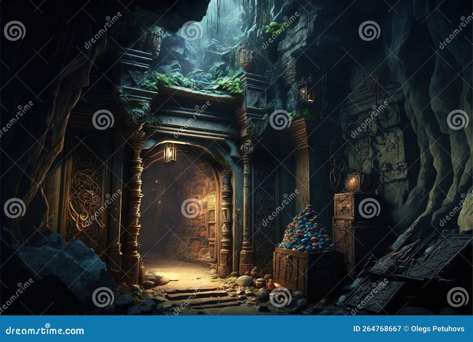 A Dark Cave with a Clock and a Statue Inside of it Stock Illustration ...