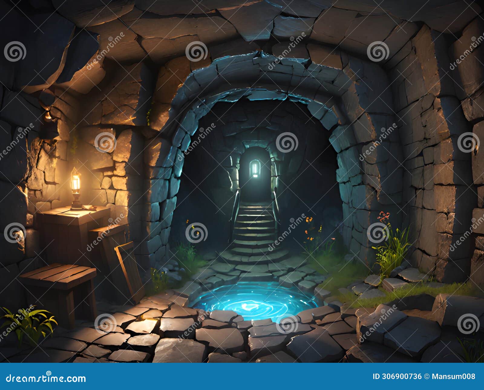 A Dark Cave with a Door and Steps Leading To a Light Stock Illustration ...